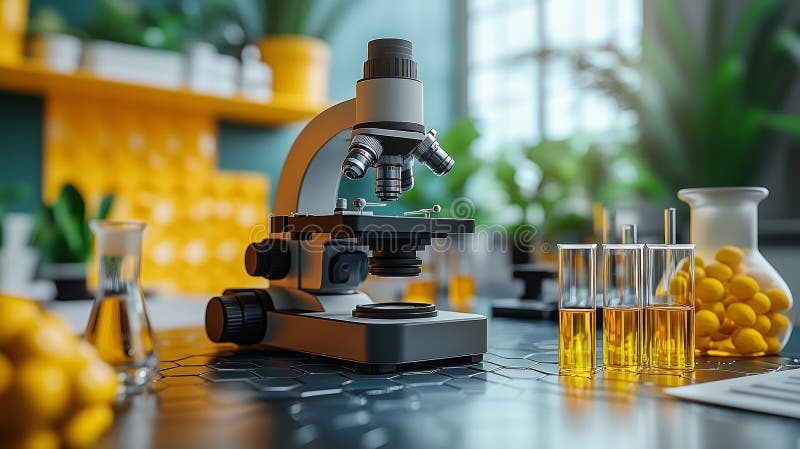 Laboratory Setup Featuring a Microscope and Various Glassware in a ...