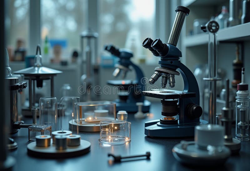 Laboratory Setup Featuring Microscopes and Various Glassware during a ...