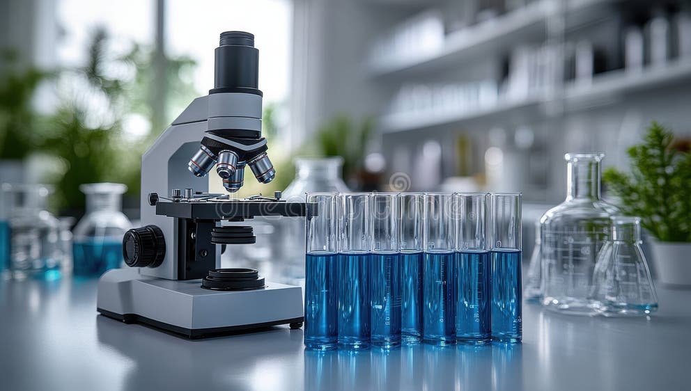 Laboratory Setup Featuring an Open Microscope and Blue Liquid Test ...