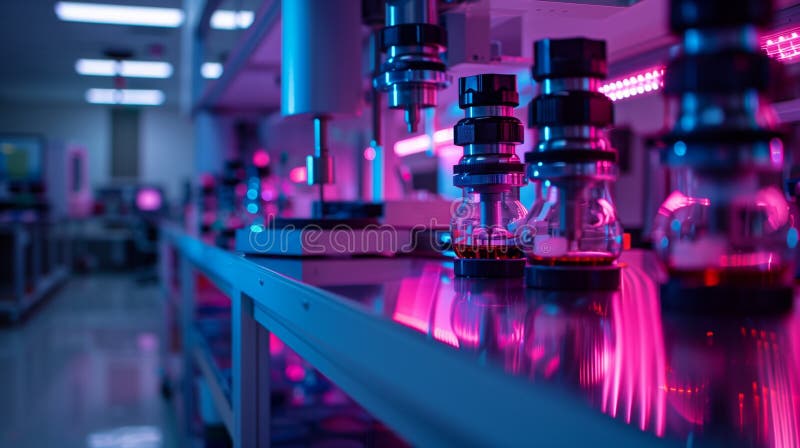 A Laboratory Setup Featuring Purple Lights Illuminating a Table Filled ...