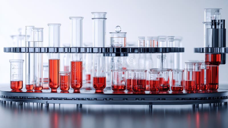 Laboratory Setup Featuring Various Glass Containers Filled with Red ...