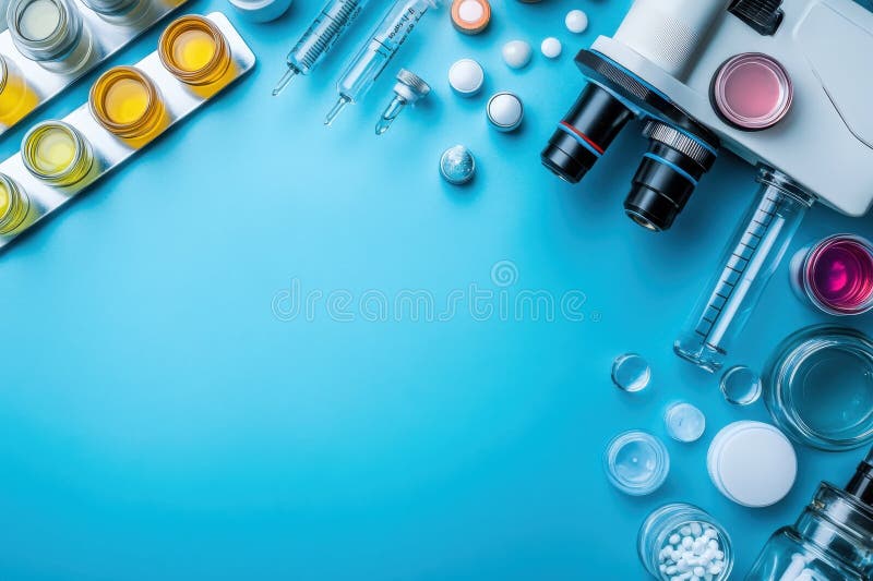 Laboratory Setup Featuring Various Glassware and Instruments on a Blue ...