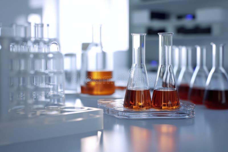 Laboratory Setup with Glassware Containing Liquid Samples Under Bright ...