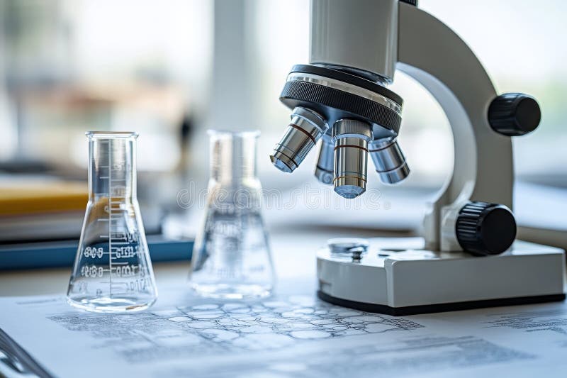 Laboratory Setup with Microscope and Glassware for Scientific ...