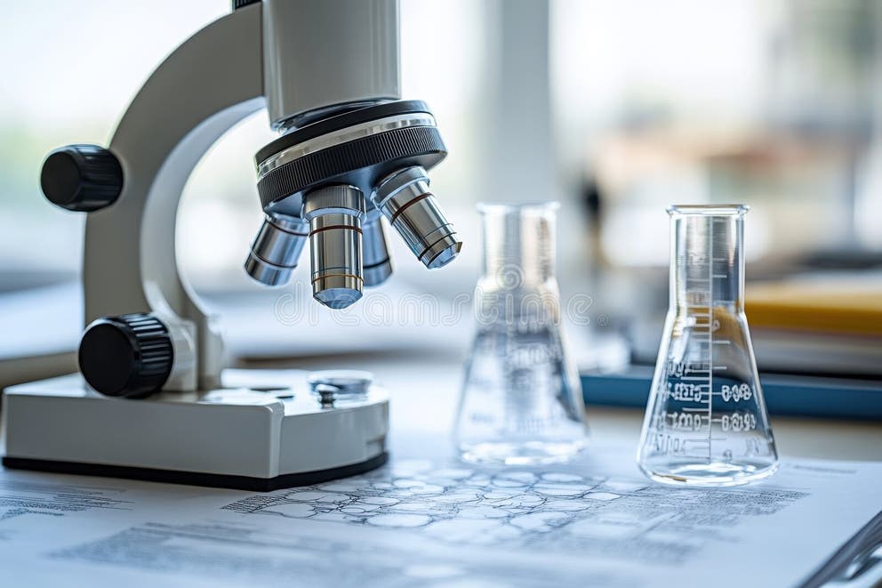 Laboratory Setup with Microscope and Glassware for Scientific ...