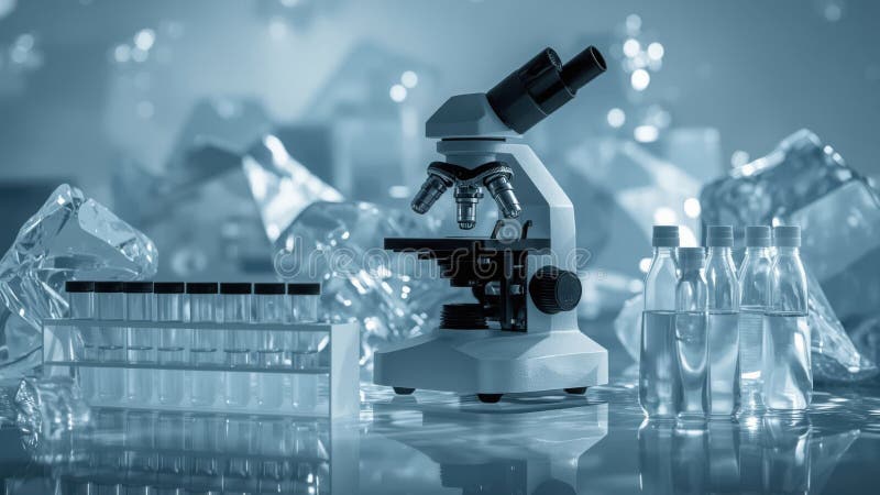 Laboratory Setup with a Microscope, Vials, Test Tubes, and Bottles ...