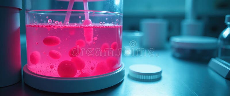 Laboratory Setup with Pink Liquid and Floating Cells Under Blue ...