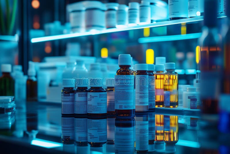 Laboratory Setup Showcasing Assorted Chemical Bottles in a Sterile ...