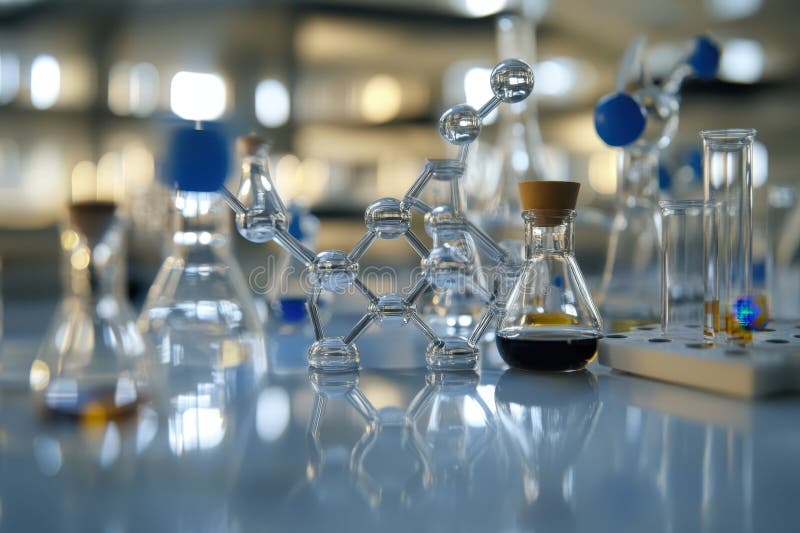 Laboratory Setup Showcasing Glassware and Molecular Structures with ...