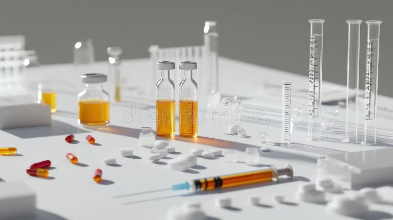 Laboratory Setup with Syringes, Vials, and Various Medical Equipment on ...
