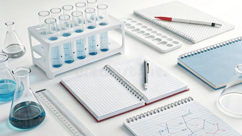 Laboratory Setup with Test Tubes, Beakers, Notebooks and Pens on a ...