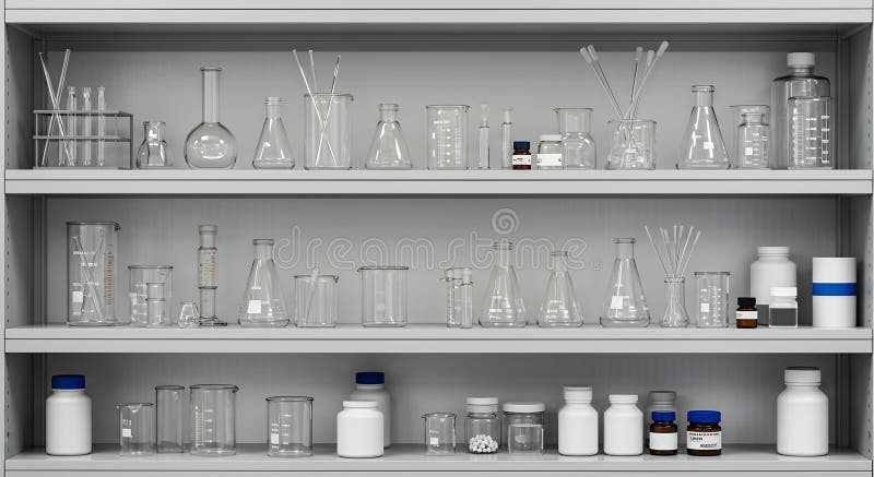 Lab Shelf with Glassware and Bottles for Science or Pharmacy Stock ...
