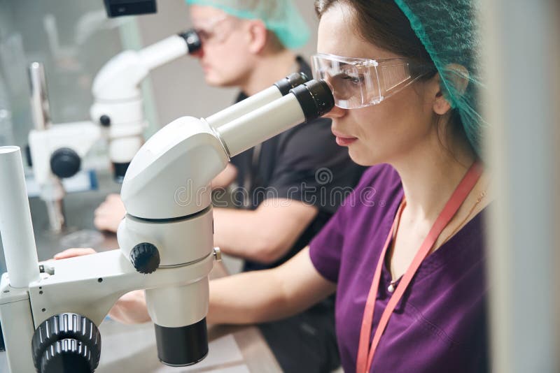 Laboratory Staff in Special Glasses Look through Microscopes Stock ...