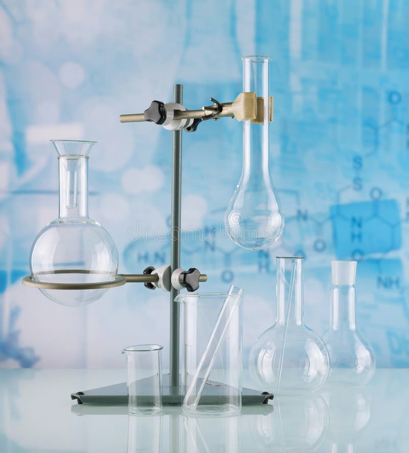 Laboratory Stand with a Variety of Flasks and Vessels on Light Blue ...