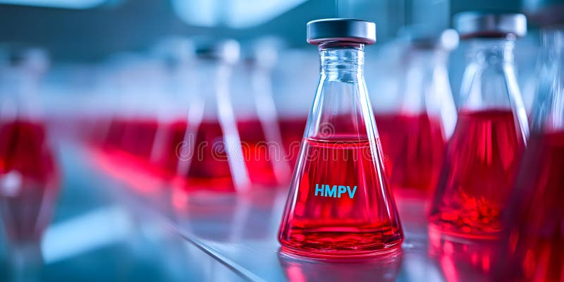 Laboratory Study of the HMPV Virus. a Scientist Holds a Flask with a ...
