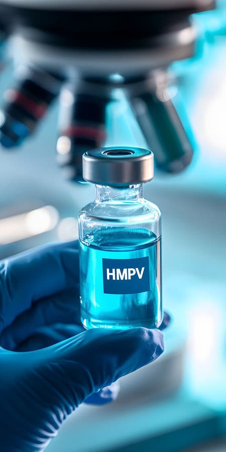 Laboratory Study of the HMPV Virus. a Scientist Holds a Flask with a ...