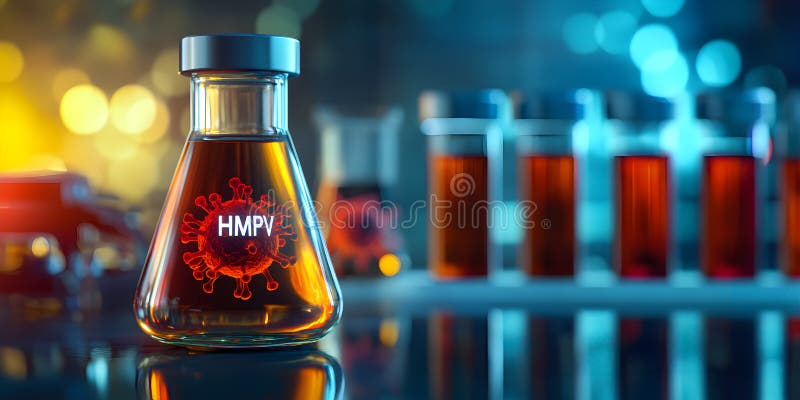 Laboratory Study of the HMPV Virus. a Scientist Holds a Flask with a ...