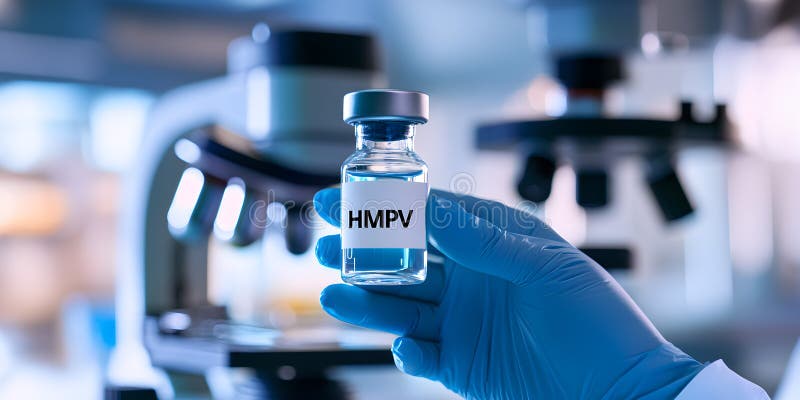 Laboratory Study of the HMPV Virus. a Scientist Holds a Flask with a ...