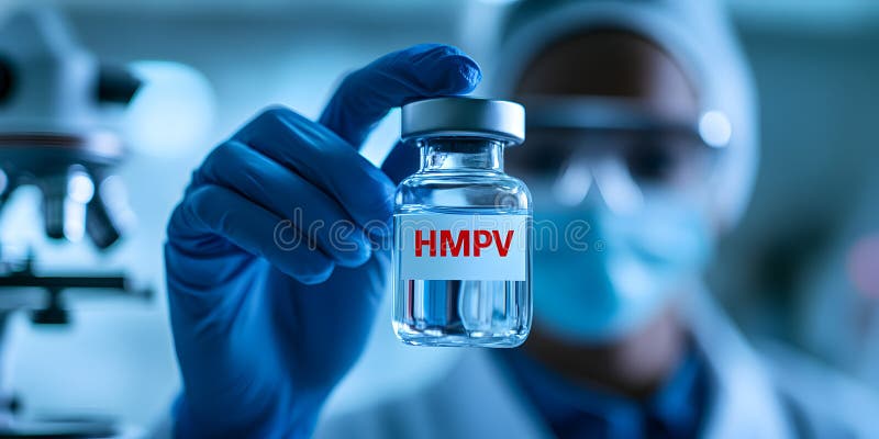 Laboratory Study of the HMPV Virus. a Scientist Holds a Flask with a ...