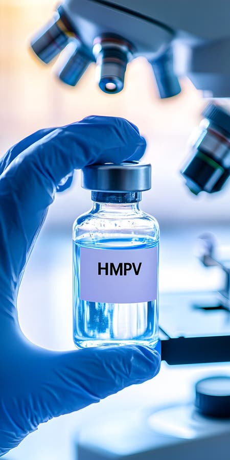 Laboratory Study of the HMPV Virus. a Scientist Holds a Flask with a ...