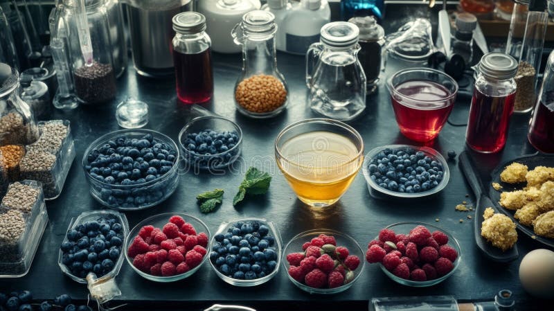 Laboratory Table with Berries Teas Seeds and Snacks Stock Image - Image ...