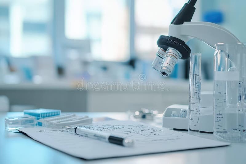 Laboratory Setup with Microscope, Test Tubes, and Research Notes in a ...