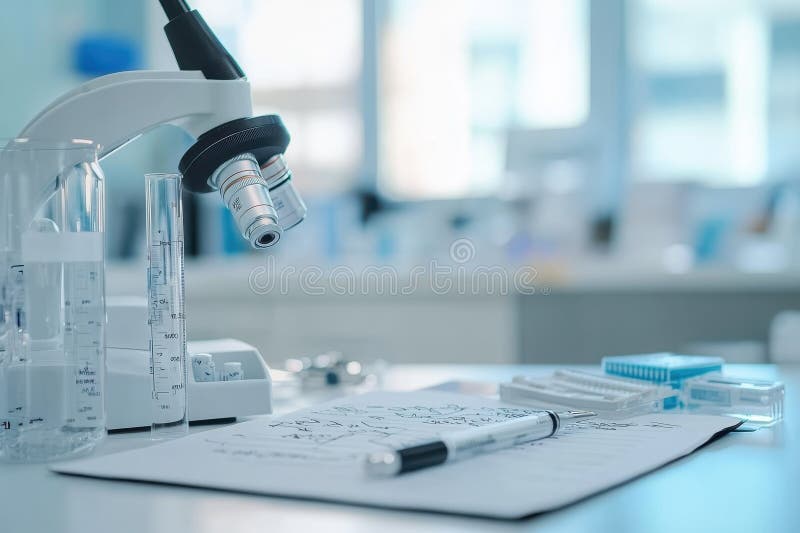 Laboratory Setup with Microscope, Test Tubes, and Research Notes in a ...
