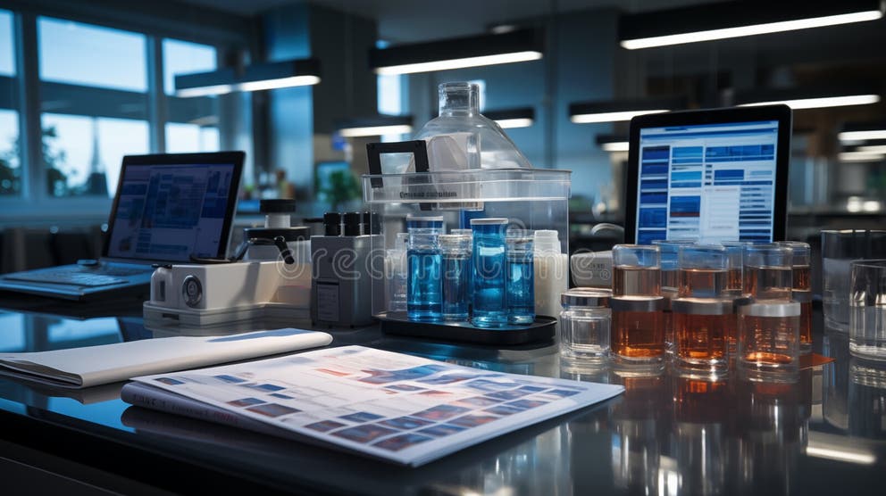 Laboratory Table in a Medical Laboratory with Test Tubes, Computers and ...