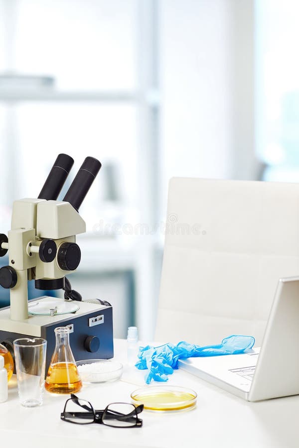 Laboratory Table with Microscope and Chemical Glassware Stock Image ...