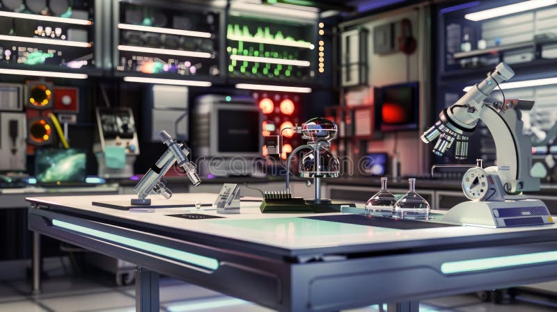 Laboratory Table with Microscope and Various Items. Generative AI Stock ...