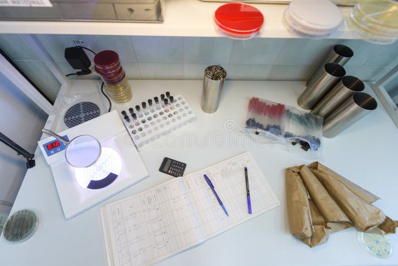 Laboratory table top view stock image. Image of biology - 91205661