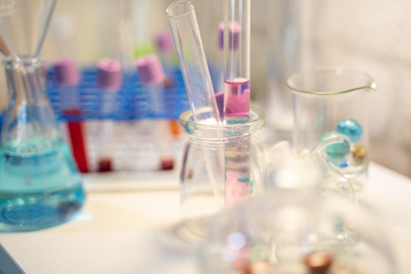 A laboratory table stock image. Image of beaker, biology - 177322503