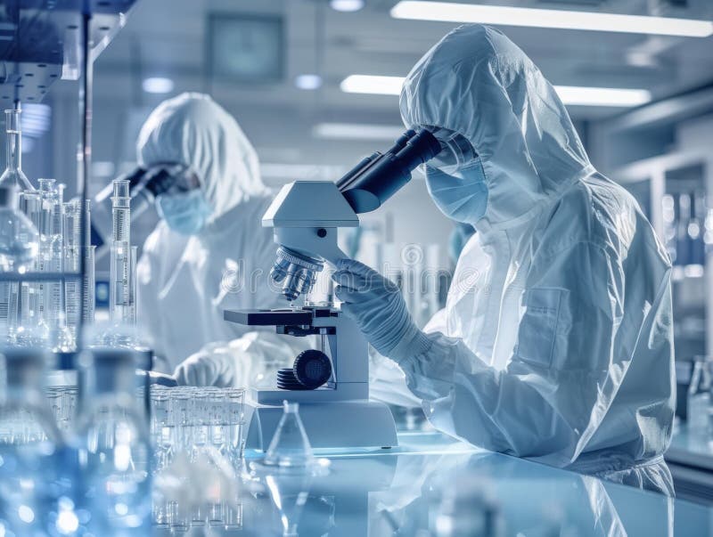 Laboratory Team Conducting Research with Advanced Microscopes Stock ...