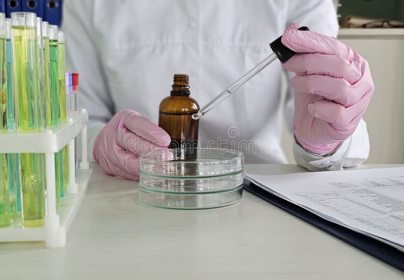 Laboratory Technician Conducting an Experiment with a Dropper and Petri ...