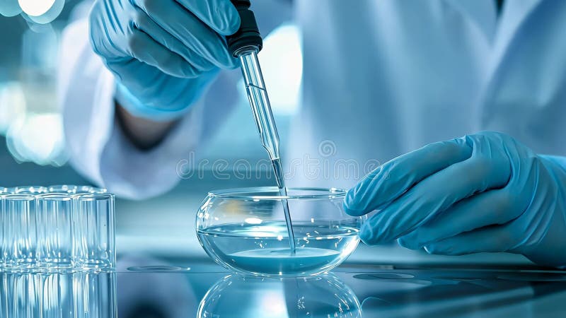 Laboratory Technician Conducting Experiment with Pipette and Beaker in ...