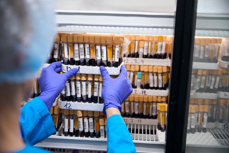 Laboratory Technician Holds Set with Biomaterial for Blood Analysis in ...