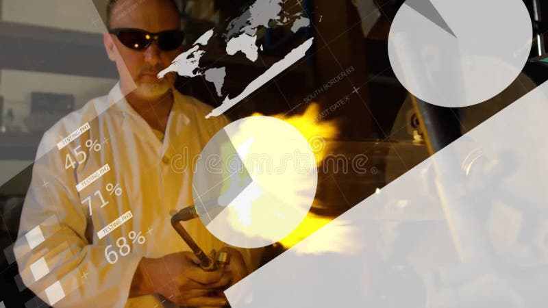 Laboratory Technician Igniting Flame and Rotating Tube As Data Bars and ...