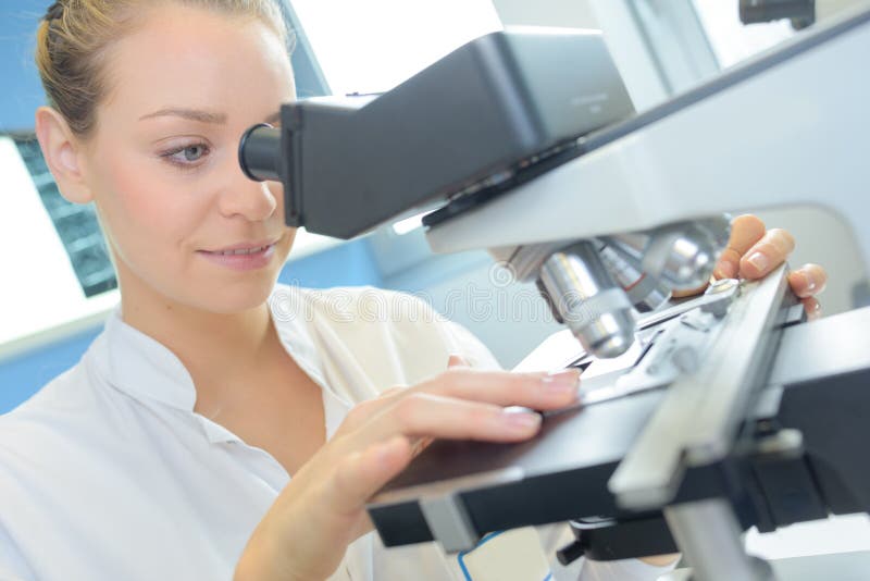 Laboratory Technician Observing through Microscope Stock Photo - Image ...