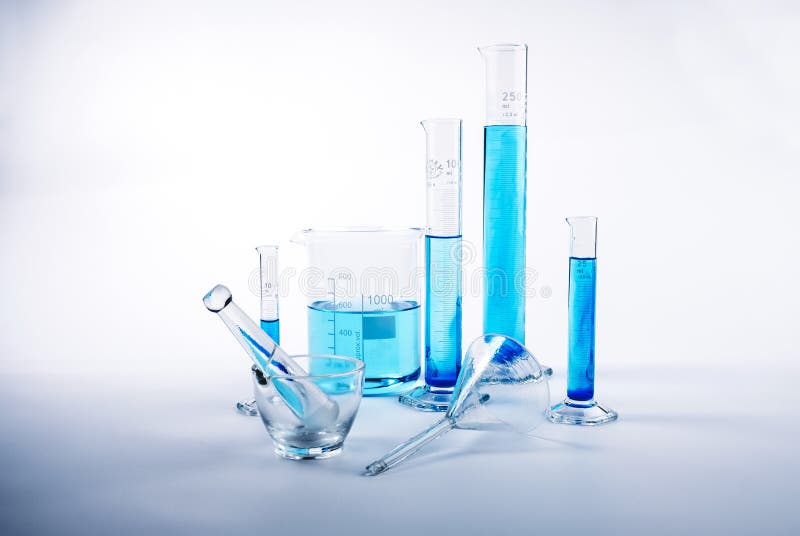 Laboratory Equipment with Blue Liquid Inside on White Background Stock ...