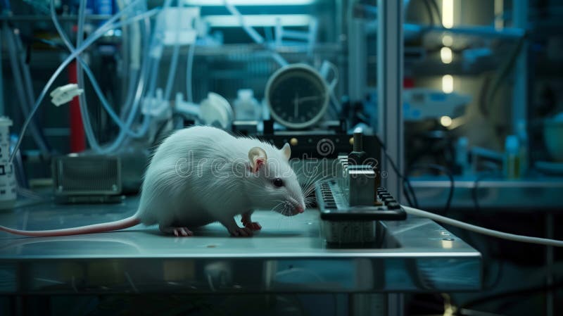 A Laboratory Test Rat. a White Scared Mouse is Sitting on a Laboratory ...