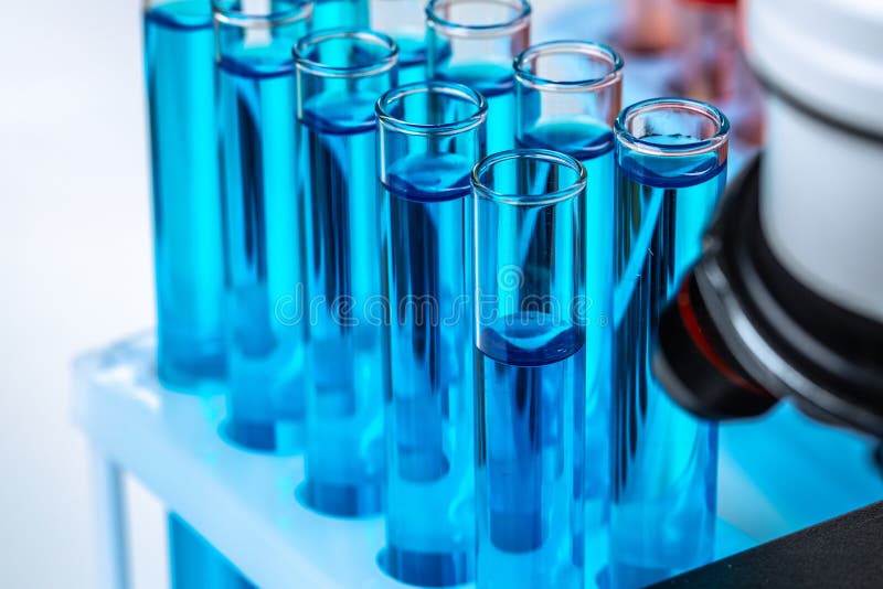 Laboratory Test Tubes with Blue Liquid Close Up Stock Image - Image of ...