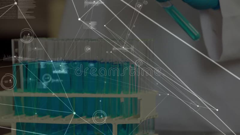 In Laboratory, Test Tubes with Blue Liquid and Data Network Overlay for ...