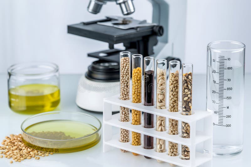 Laboratory with Test Tubes, Grains, Microscope, Highlighting Food ...
