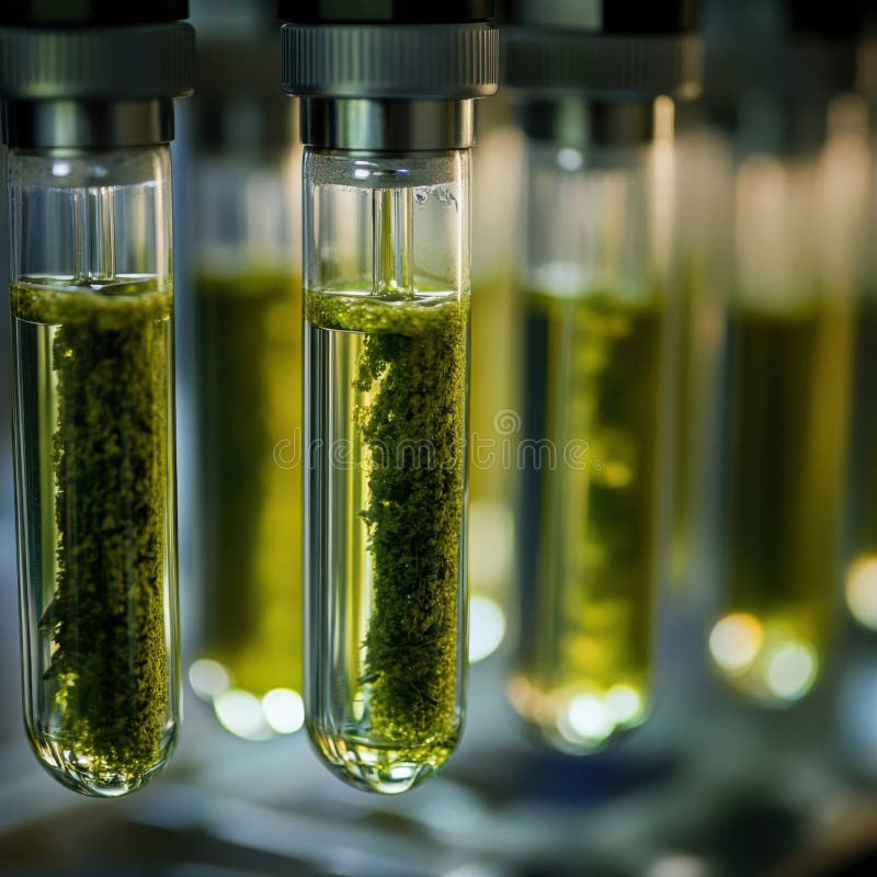 Laboratory Test Tubes with Green Liquid and Plant Material Inside Stock ...