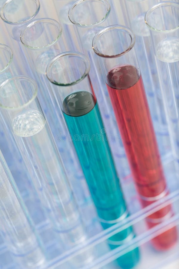 Laboratory Test Tubes with a Red and Blue Liquid Sample Stock Image ...