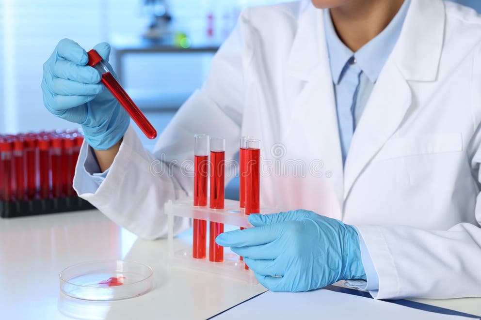 Laboratory Testing. Doctor with Blood Samples at Table Indoors, Closeup ...