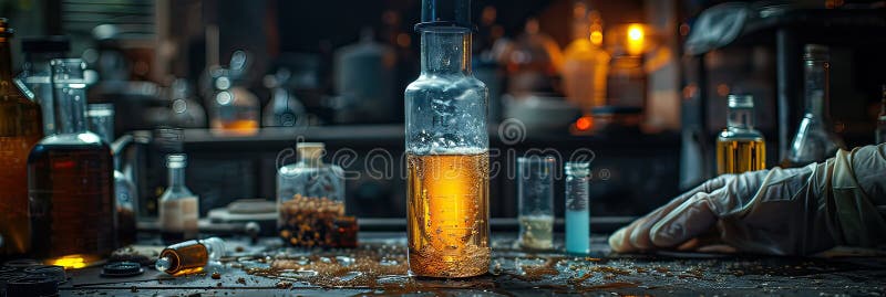 In the Laboratory, a Glass Bottle Filled with Liquid Rests on the Table ...