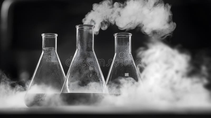 Scientific Experiment Showcasing Glass Flasks Emitting Vapor in a ...