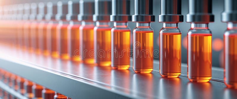 Laboratory Vials with Bright Orange Liquid on Modern Production Line ...