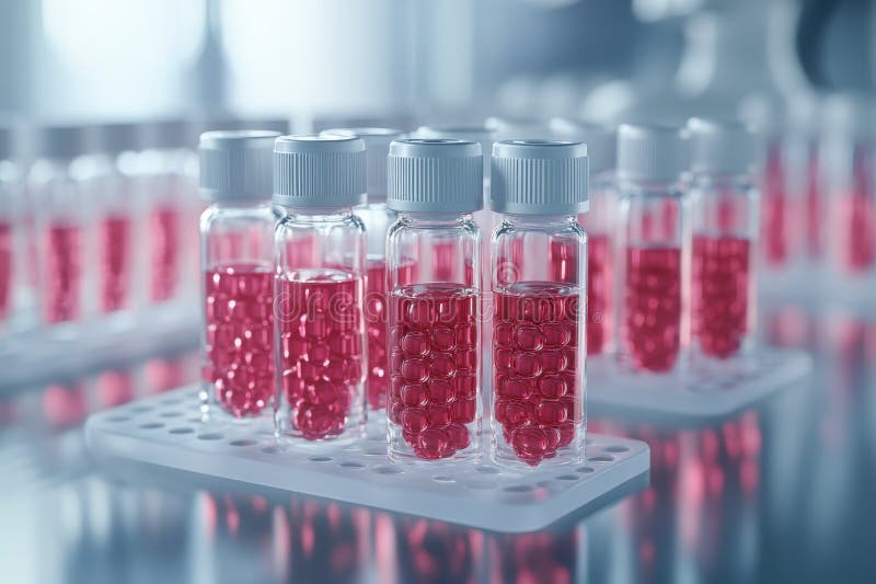 Laboratory Vials Containing Red Liquid Samples in a Sterile Research ...